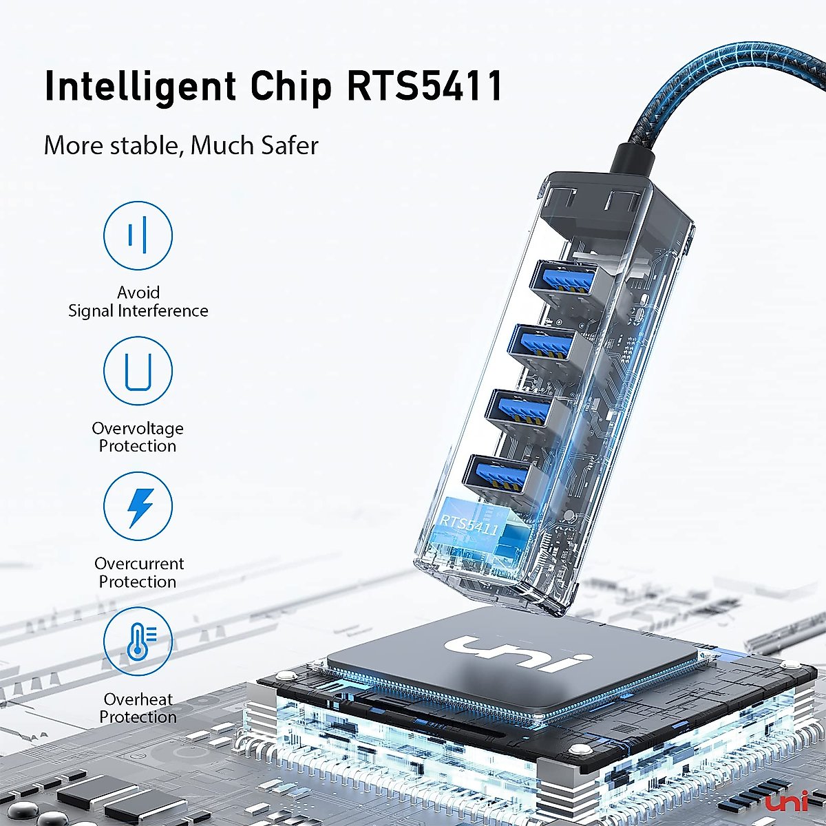 uni USB Hub 4-Port USB Splitter 4FT, High-Speed Portable Aluminum USB 3.0 Hub Compatible with PC, Laptops, Mouse, Keyboard, Flash Drive, Mobile HDD, Car, and More.