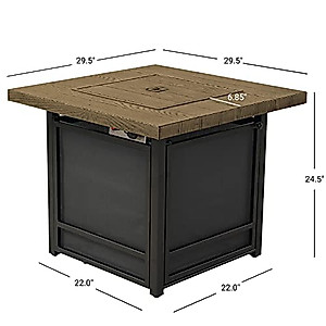 Grand Patio 29 Inch Propane fire Pit,Outdoor fire Pit All-Weather Wood Grain Square Stainless Steel smokeless firepit Table with Sling Base, Light Brown Tabletop/Square