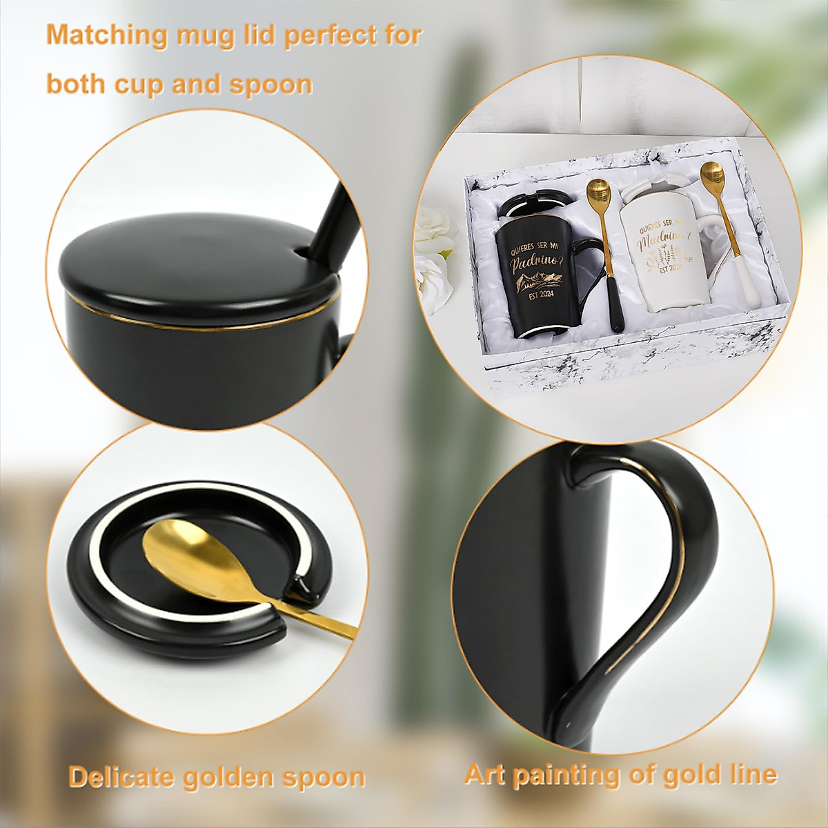 Maustic Godparents Proposal Gift, Quieres Ser Mi Padrino Madrina Est 2024 Mugs Set, Will You be My Godparents Gifts in Spanish, Padrinos De Bautizo Propuesta Gifts, Black & White 14 Oz