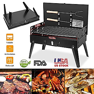KOCASO Portable Charcoal Grill, Outdoor Small BBQ Grill with Barbecue Accessories, Folding Camping Grill for Outdoor Cooking Travel Patio Picnic Park Beach Hiking, Height Adjustable for 3 to 5 People