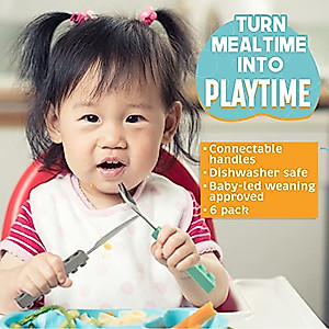 Upward Baby Kids Utensils Set - Lego Interlocking 6 Piece Sensory Spoons and Forks for Self-Feeding - Toddler Silverware - Fun Stainless Steel Utensils for Toddlers - 12 Months Old + Baby Led Weaning