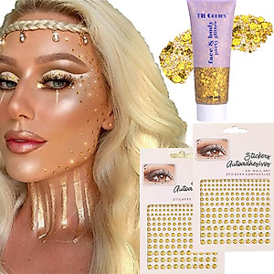 YOSOMK Gold Body Glitter Gel & 2 Sheets Face Gems Rhinestones Set, Face Glitter Makeup & Hair Jewels Stick on, Holographic Hair Glitter Eye Gems,Chunky Glitter Face Jewels for Makeup Festival