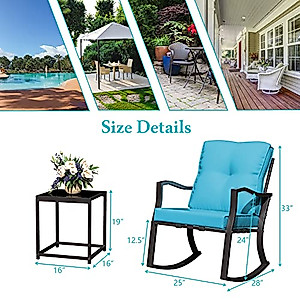 RTDTD 3 Piece Outdoor Rocking Chairs Patio Bistro Sets Modern Patio Furniture Set Conversation Sets with Coffee Table & 2 Blue Thickened Cushions for Garden, Pool, Backyard