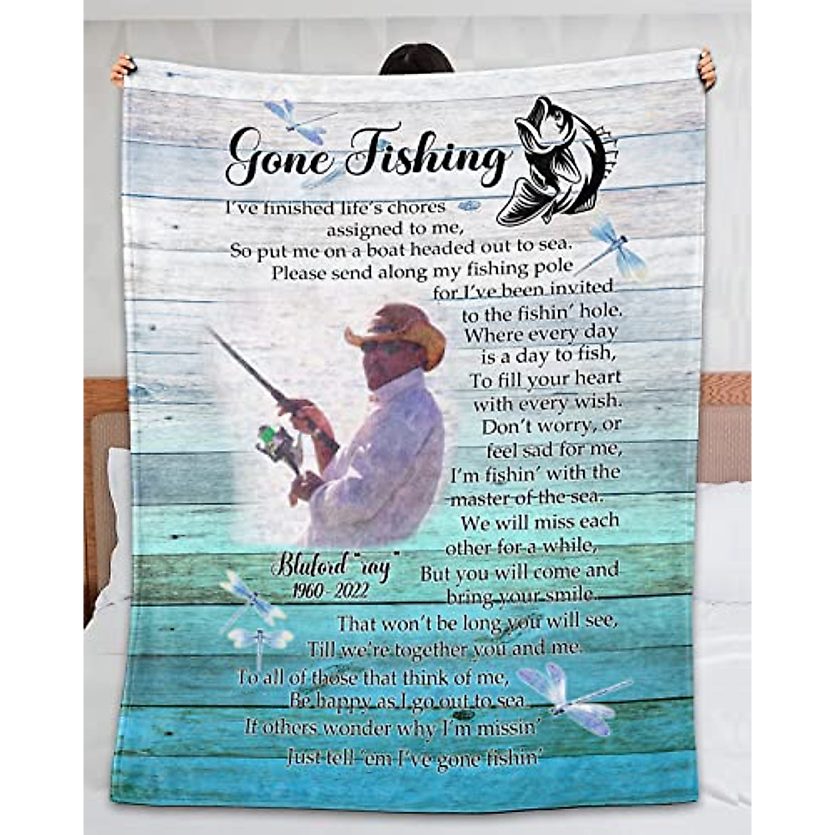 Personalized Memorial Blanket for Loss of Mother Father Gone Fishing in Loving Memory Blankets Custom Name Photo Memorial Gifts Ideas in Loving Memory Gifts Fleece Sherpa Blanket