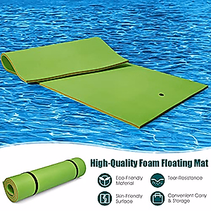 GYMAX Floating Water Mat, 12' x 6' Foam Water Floating Pad with Safe Bungee Tether and Storage Straps, 3-Layer XPE Foam Floating Island for Pool Lake River Outdoor Water Activities (Green)