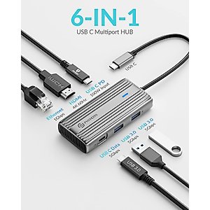 PHIXERO USB C Hub Multiport Adapter, 4K 60Hz USB C Docking Station, 6-in-1 USB C Adapter with 1Gbps Ethernet, 100W PD, USB-C and 2 USB-A 5Gbps Data Port, for MacBook Pro/Air, USB C Laptop (Gray)