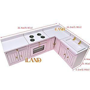 iLAND Wooden Dollhouse Furniture on 1:12 Scale for Miniature Dollhouse Kitchen w/Unit Cabinets, Dollhouse Fridge and Dollhouse Dining Room Furniture(Pretty Pink 11pcs)