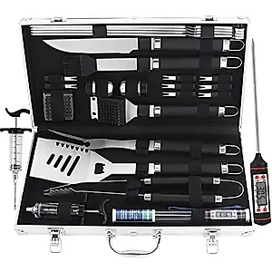 Grilljoy 24PCS BBQ Grill Tools Set with Meat Thermometer and Injector - Extra Thick Stainless Steel Fork, Spatula& Tongs - Complete BBQ Accessories in Aluminum Case - Perfect Grill Gifts for Men