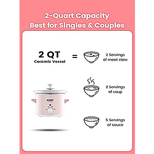 KOOC Small Slow Cooker, 2-Quart, Free Liners Included for Easy Clean-up, Upgraded Ceramic pot, Adjustable Temp, Nutrient Loss Reduction, Stainless Steel, Pink, Round