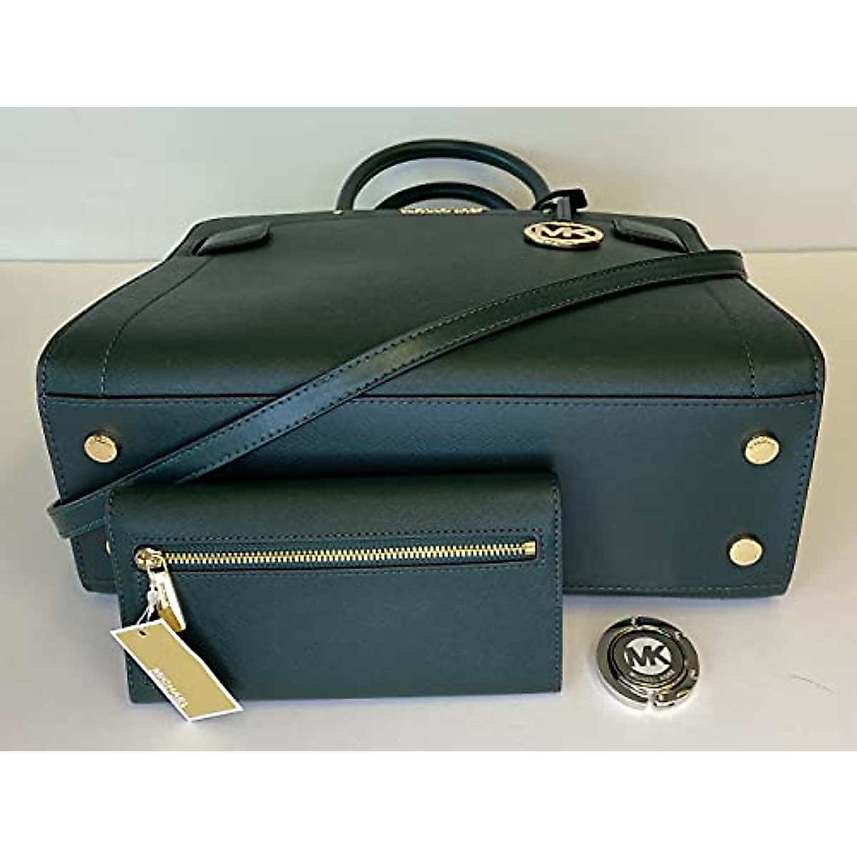 Michael Kors MICHAEL Michael Kors Rayne MD EW Satchel bundled with Trifold Wallet Purse Hook (Racing Green)