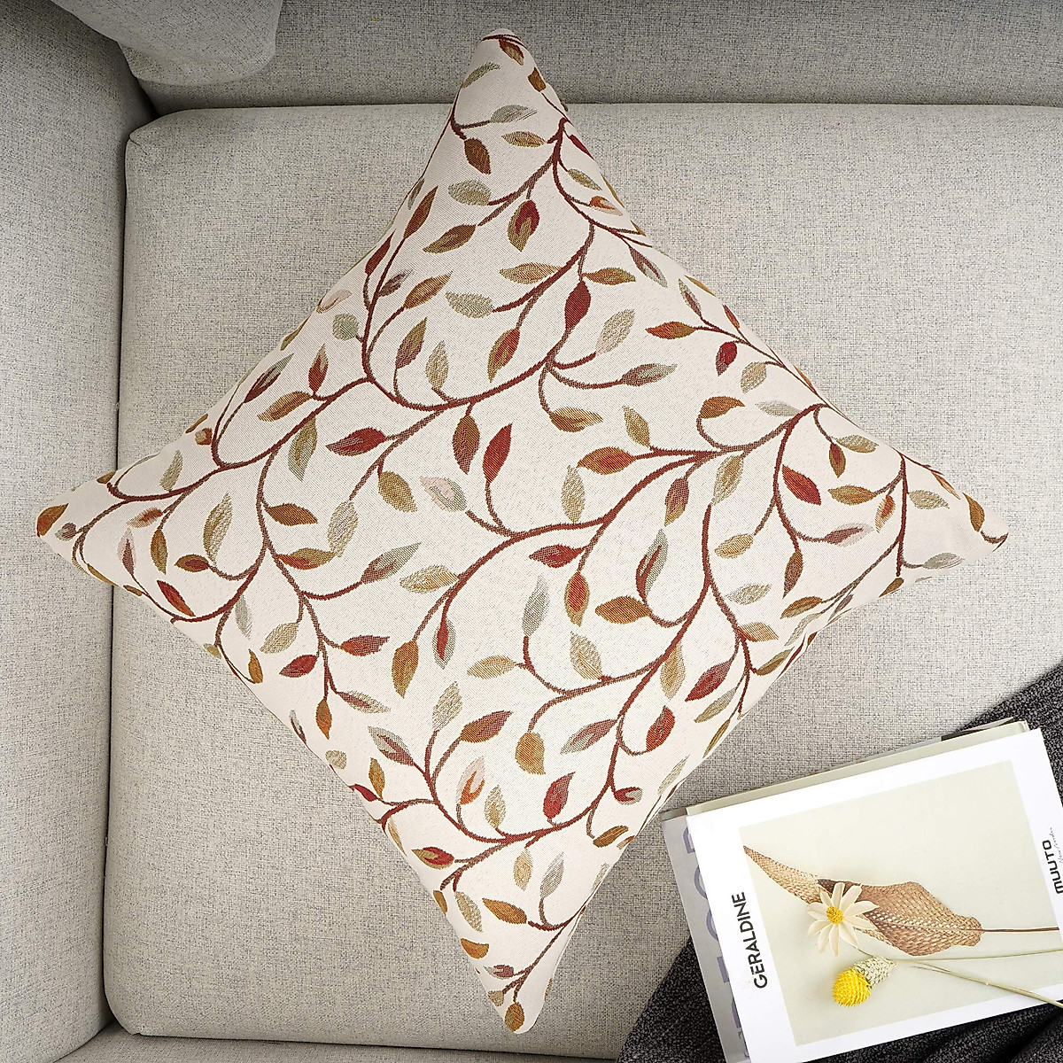 YOUR SMILE Classical Embroidery Jacquard Beige Leaf Pattern Square Decorative Throw Pillow Case Cushion Cover 18 x 18 inch