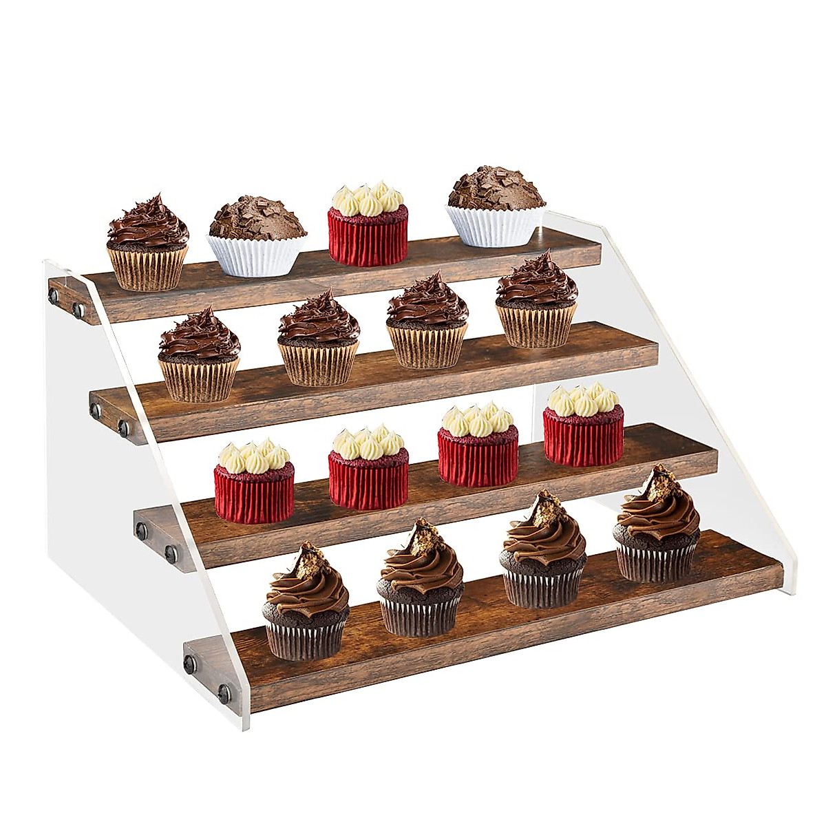 BCOZLUX Wood Display Stand, 4 Tier Clear Acrylic Display Shelf Riser Organizer for Vendors, Pop Figures, Cupcakes, Collectibles Storage, Rustic Brown and Black