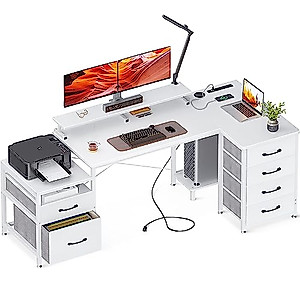 KKL Home Office Desk with File Drawer & 3 Power Outlets &2 USB Ports, 55'' L Shaped Desk with Storage Shelves, Printer Cabinet and Monitor Shelf, Computer Table Executive Desk Workstation, White