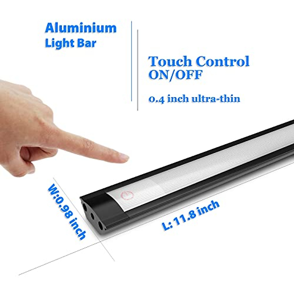 MYPLUS Under Cabinet Lights, 12" Touch Activated and Dimmable Aluminum LED Bar for Kitchen, Workbench and Desk, Warm White 3000K, Plug-in, Black.