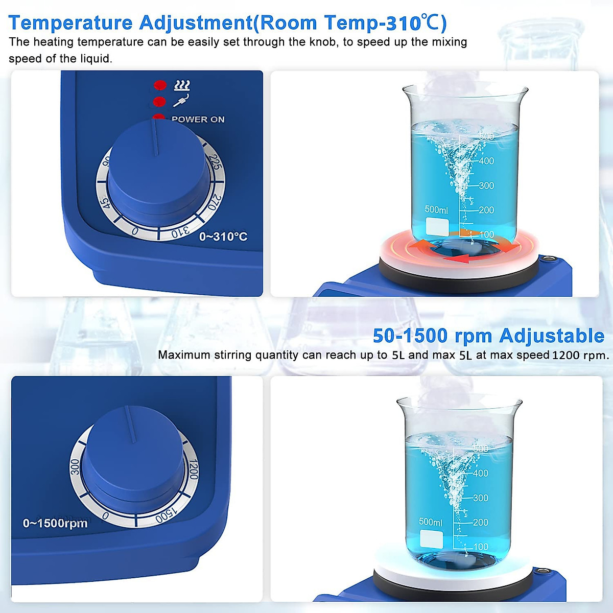 FOUR E'S SCIENTIFIC 310°C/590°F 5 Inch Magnetic Stirrer Hot Plate | Max 5L Stirring Capacity | 100-1500RPM | Aluminum Alloy Magnetic Mixer with Stir Bar