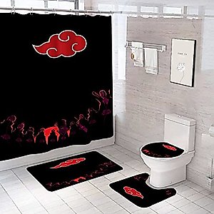 4 Piece Anime Shower Curtain Set with Non-Slip Rug, Toilet Lid Cover, Bath Mat and 12 Hooks, Waterproof Shower Curtain Set for Bathroom