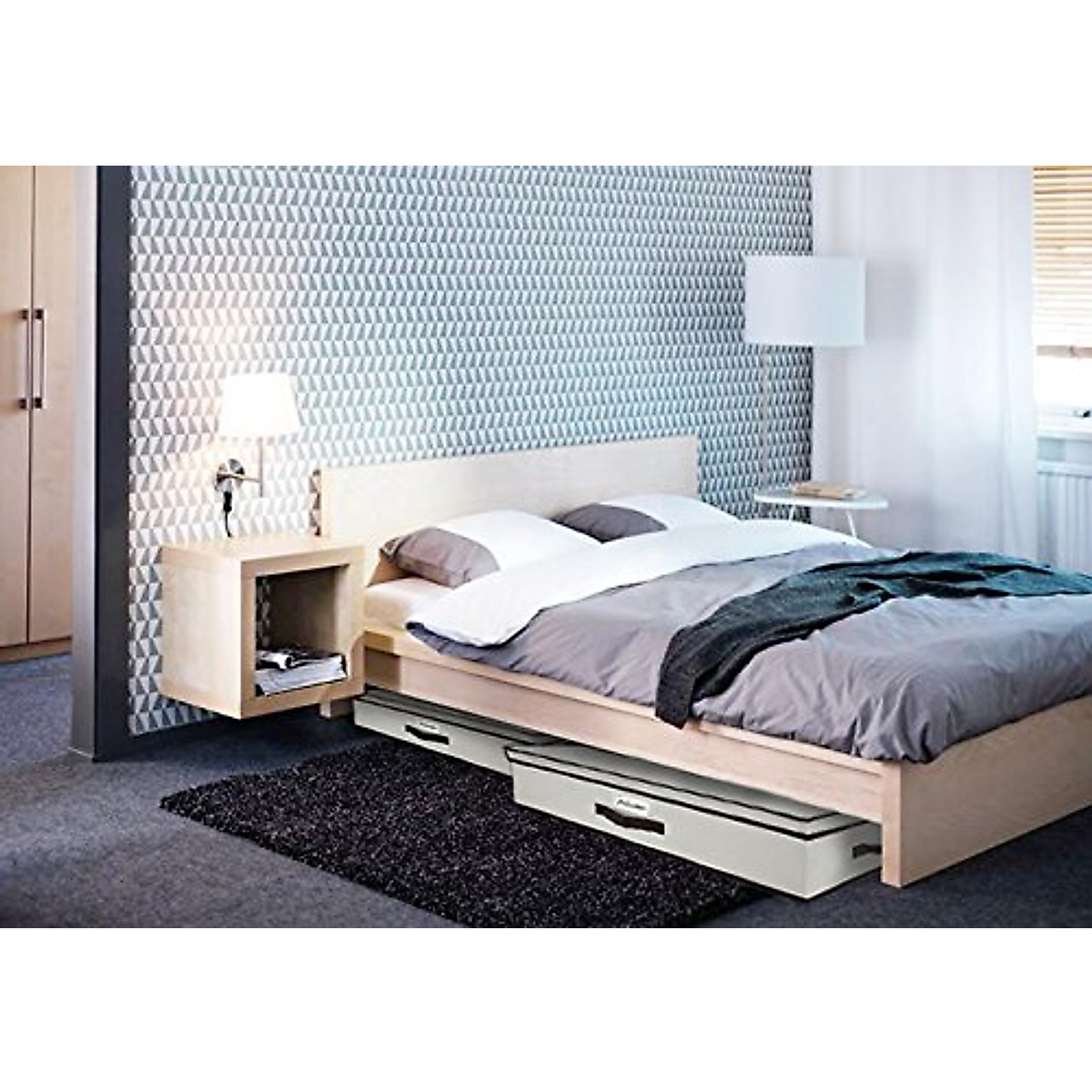 Set of 2 under bed shoe storage - ALL 4 SIDES IS STURDY- drawers,Closet Box Organizer Natural Canvas with See-Through Top, Brown Trim, Size: 23 ½’’ x 29 ½’’ x 5’’