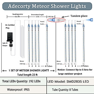 Adecorty Outdoor Christmas Lights Meteor Shower Lights UL Certified 8 Tubes 192 LED Snow Falling Rain Drop Lights Dripping Icicle String Lights for Christmas Tree Decorations Xmas Wedding Party, Blue