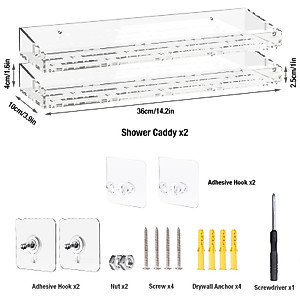 NiHome Clear Acrylic Shower Shelves 2-Pack, Stick On Shower Shelf with Hooks & Mounting Accessories, Clear Shower Caddy, Self Adhesive Shower Shelves for Bathroom, Kitchen, Bedroom - Superior Drainage
