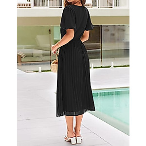 MEROKEETY Womens 2023 Summer Puff Sleeve Wrap V Neck Pleated Flowy Midi Dress for Wedding Guest,Black,M