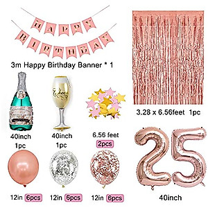 Rose Gold 25 Birthday Party Decorations Supplies, Champagne Balloon, Pink Happy Birthday Banner, 25 Balloons,Rose Gold Foil Fringe Curtains,Confetti Balloons for 25th Birthday Decorations for Her (25)