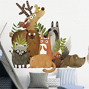 WAFT YEARN Woodland Wall Decals Super Cute Animals Cat Dog Deer Raccoon Fox Squirrel Parrot Wall Stickers for Nursery Kid’s Room School Living Room Bedroom Decoration Murals (Woodland Cute Animals)