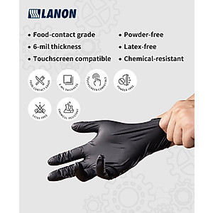 LANON 6-mil Black Nitrile Disposable Gloves, Food-Safe, Powder-Free, Heavy-Duty, Textured Fingertips, Latex-Free, XL