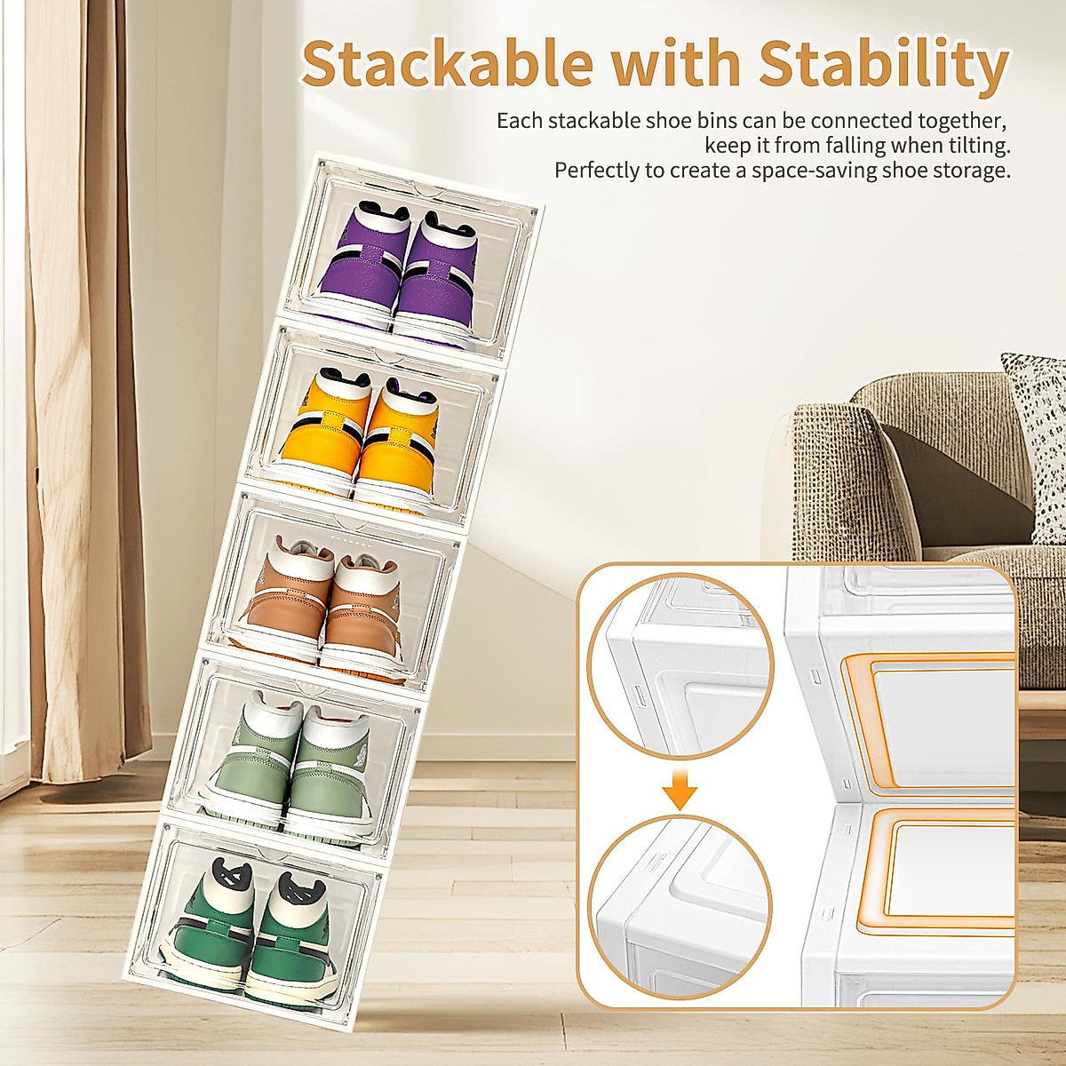 Upgraded X-Large 6 Pack Clear Shoe Storage Organizer,Stackable Shoe Rack for Closet,Plastic Shoe Boxes with Magnetic Door,Shoe Containers For Sneaker Display,Fit up to US Size13