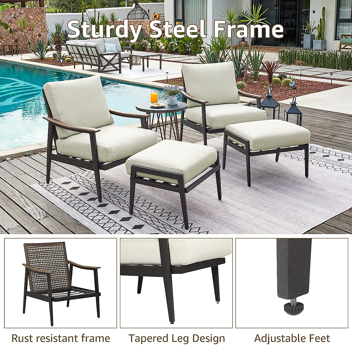 NATURAL EXPRESSIONS Patio Furniture, Outdoor Furniture Patio Chair Sofa Metal Outdoor Chair with Ottoman, High Back Wicker Backrest & 6 Inch Seat Cushion for Balcony,Backyard,Deck,Porch