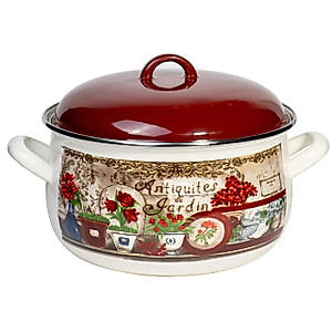 Enamel On Steel Round Covered Stockpot - Pasta Stock Stew Soup Casserole Dish Cooking Pot with Lid, Up to 6.5 Quarts - 24 cm