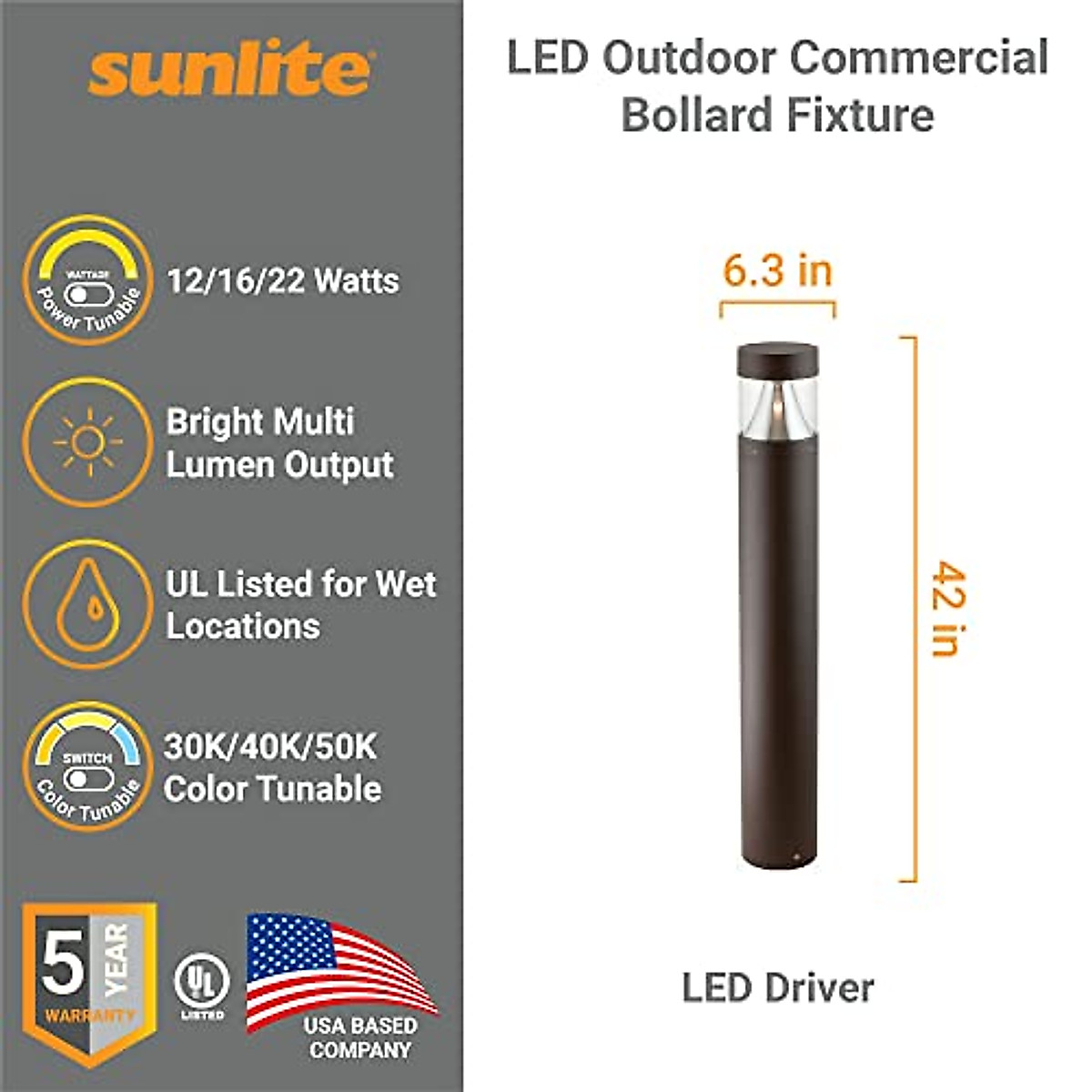Sunlite 87993 LED 42” Outdoor Commercial Bollard Fixture, Round Landscape Area Light, Adjustable Watts (12/16/22), 3 CCT 3000K-5000K, 2970 Lumens, IP65, Bronze, for Pathways, Entryways & Walkways