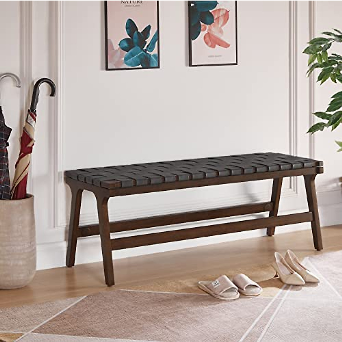 Ball & Cast Faux Leather Woven Dining Bench Breathable Weave Entryway Bench for Bedroom, 48 in Dark Grey