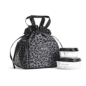Fit & Fresh Lunch Bag For Women, Insulated Womens Lunch Bag For Work, Stain-Resistant Large Lunch Box For Women With Containers, Cinch Closure Cromwell Bag, Black Cheetah