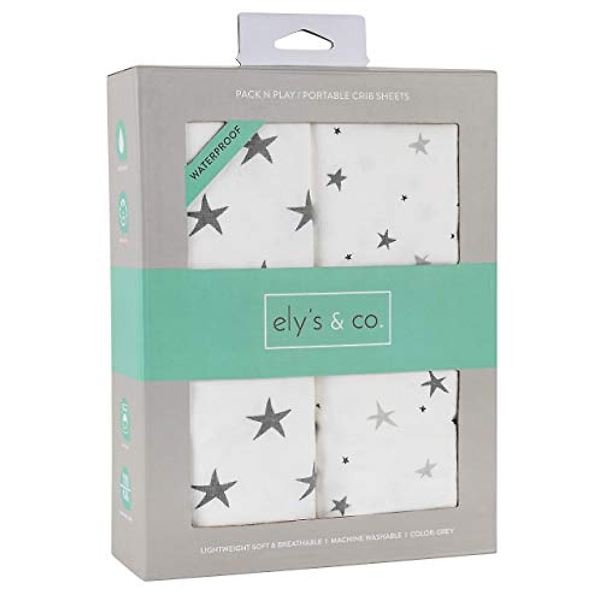 Ely's & Co. Patent Pending Waterproof Pack n Play│Mini Crib Sheet 2-Pack Set for Baby Boy or Baby Girl - 100% Combed Jersey Knit Cotton Sheets with Eco-Friendly Waterproof Lining — Grey Stars