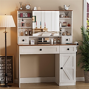 PAKASEPT Vanity Desk with Sliding Mirror and Lights, Glass Tabletop Makeup Vanity with 3 Lighting Modes, White Vanity Table with Power Strip&Hooks, Hidden Shelves, Girls Bedroom Vanities Set