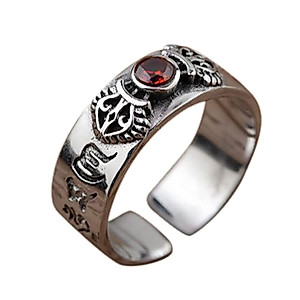 Pure Silver Ring, Buddhism six true word ,Sterling Silver 925 , Natural Garnet Gemstone, Adjustable open ring, Retro Folk style, unisex ring