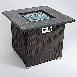 30 in. Outdoor Square Brown Wicker Fire Table Propane Gas Fire Pit Table with Lid Gas Fire Pit Table with Glass Rocks & Rain Cover