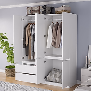 Mekminop Armoire Wardrobe Closet with Drawers and Doors, 4 Door 2 Drawers White Bedroom Armoires Wooden Wardrobe with Shelves and Hanging Rod, 20.39" D x 63" W x 78.74" H