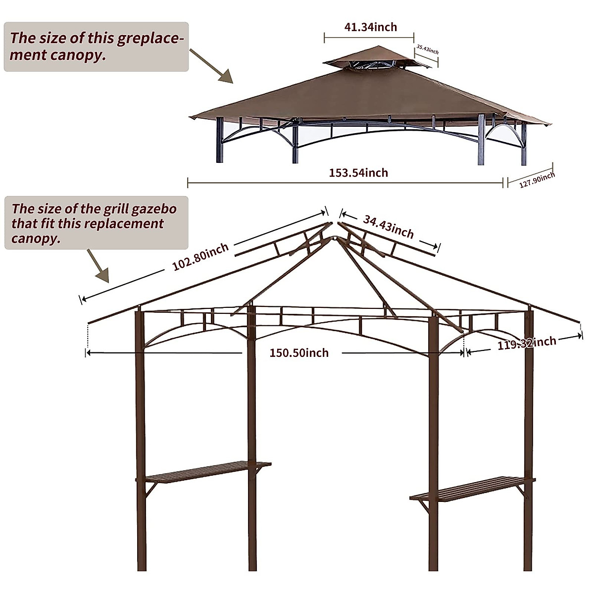 ISAGAPOY Replacement Canopy Top Cover for Garden Canopy Cover Roof with Air Vent for Gazebo (L-GZ798PST-E) Brown