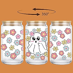 GSPY Halloween Ghost Iced Coffee Glass Cups, 16oz Cute Floral Ghost Can Shaped Glass Cups with Lids and Straws, Halloween Gifts, Spooky Halloween Tumbler Mug for Women Girls