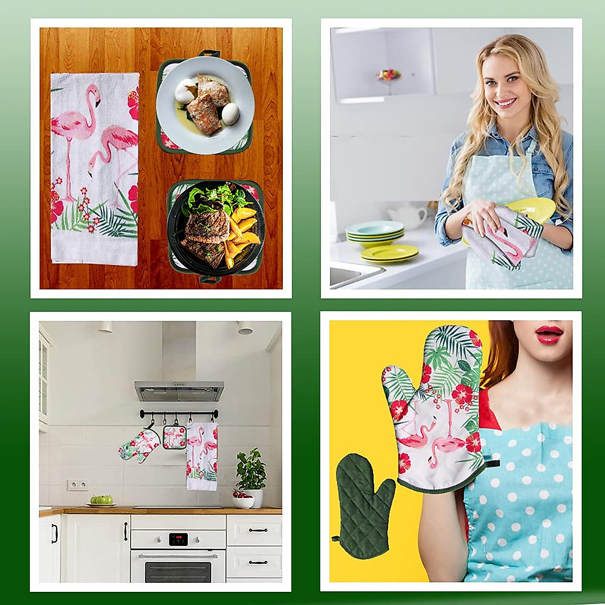 Lobyn Value Packs - 5 Piece Tropical Kitchen Towel Set: Features Flock of Pink Flamingos, 2 Decorative Dish Towels, 1 Oven Mitt, and 2 Potholders