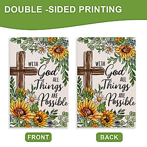 Covido With God All Things Are Possible Religious Spring Summer Easter Decorative Garden Flag, Cross Sunflower Yard Outside Decorations, Inspirational Fall Autumn Outdoor Small Home Decor 12 x 18