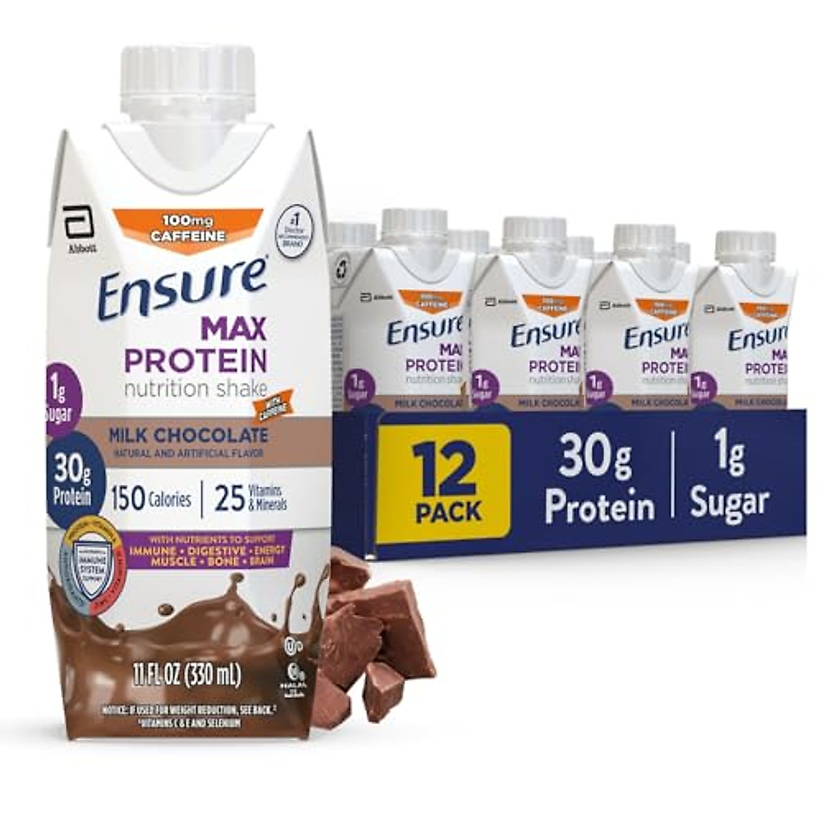 Ensure Max High Protein Nutrition Shake Milk with 30g of Protein 1g of Sugar , Chocolate w/ Caffeine, 11 Fl Oz (Pack of 12)