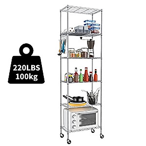 Himimi 6-Tier Wire Shelving Unit with Wheels, Height Adjustable, Heavy Duty Standing Storage Shelf with Hook for Bathroom Kitchen Garage Bedroom Silver Grey