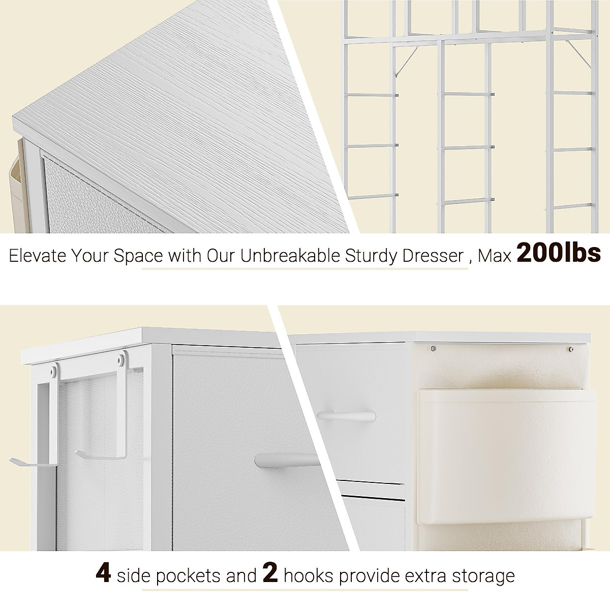 White Dresser for Bedroom, Dressers & Chests of Drawers, Closet Fabric Dresser w/12 Drawers Side Pockets Hooks, Clothes Dresser, Bedroom Dresser Storage Organizer for Hallway Entryway