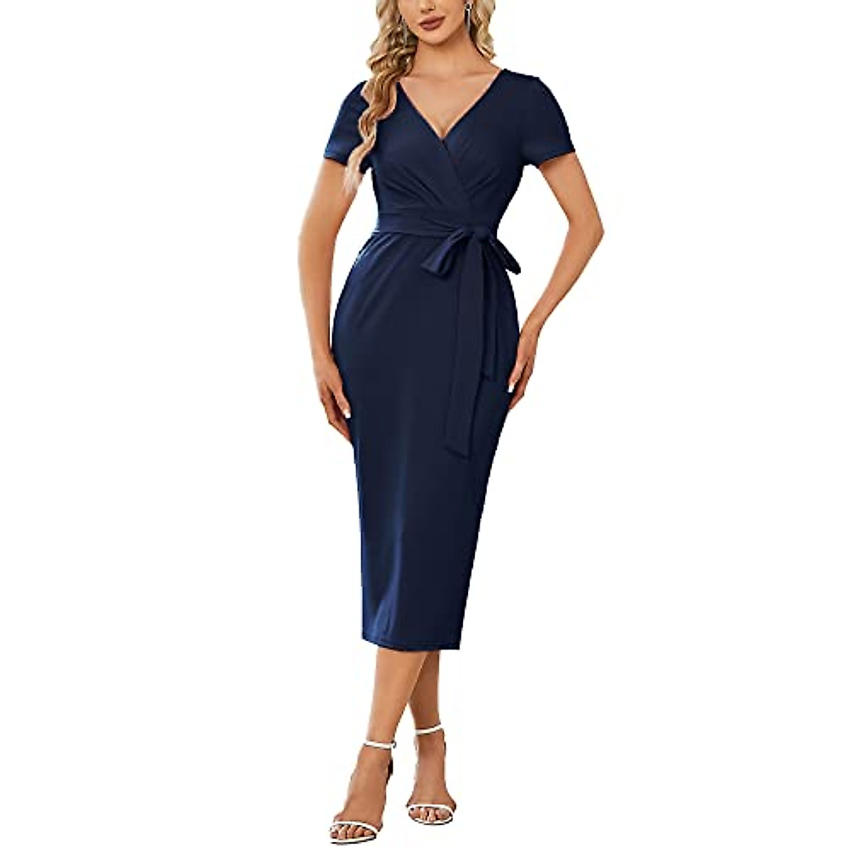 Ever-Pretty Women's Bodycon V Neck Short Sleeves Summer Casual Wedding Guest Dresses Navy Blue S