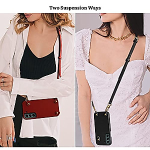 qichenlu Genuine Leather Crossbody Case Designed for Samsung Galaxy S22, Durable Cute Trendy Heart Cowhide Cover with Detachable & Adjustable Shouler Strap Neck Lanyard Chain, Black