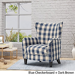 Christopher Knight Home Oliver Farmhouse Armchair, Checkerboard, Polyester and Birch Wood, Blue Floral