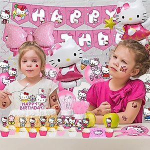 Kitty Birthday Party Supplies, 200 Pcs Cute Kitten Party Favor Pink Party Decorations includes Cake Topper, Tableware, Kitten Foils Balloons, Tattoos Stickers, Hanging Swirl