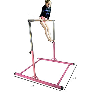 Kids Expandable Kip Bar with Tumble Mat Professional Horizontal Gymnastics Asymmetric Bar 4x6 FT Mat Jungle Gym Height Adjustable 3 to 5 FT Pink